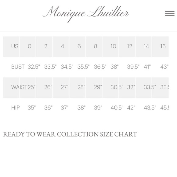 Monique Lhuillier Size Chart